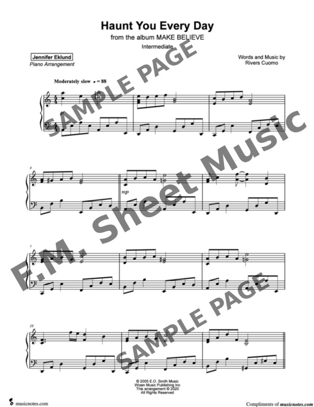 Haunt You Every Day (Intermediate Piano) By Weezer - F.M. Sheet Music - Pop Arrangements by ...